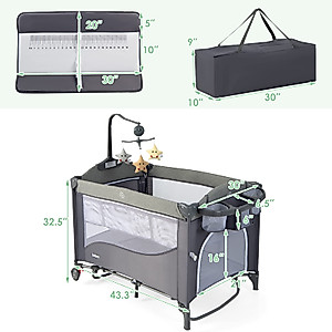 INFANS Pack and Play, Baby Bedside Sleeper with Bassinet, Diaper Changer, Mattress, Carry Bag, Music Box Hanging Toys, Foldable Bedside Crib, Portable Playard for Newborn Toddlers (5 in 1, Classic)