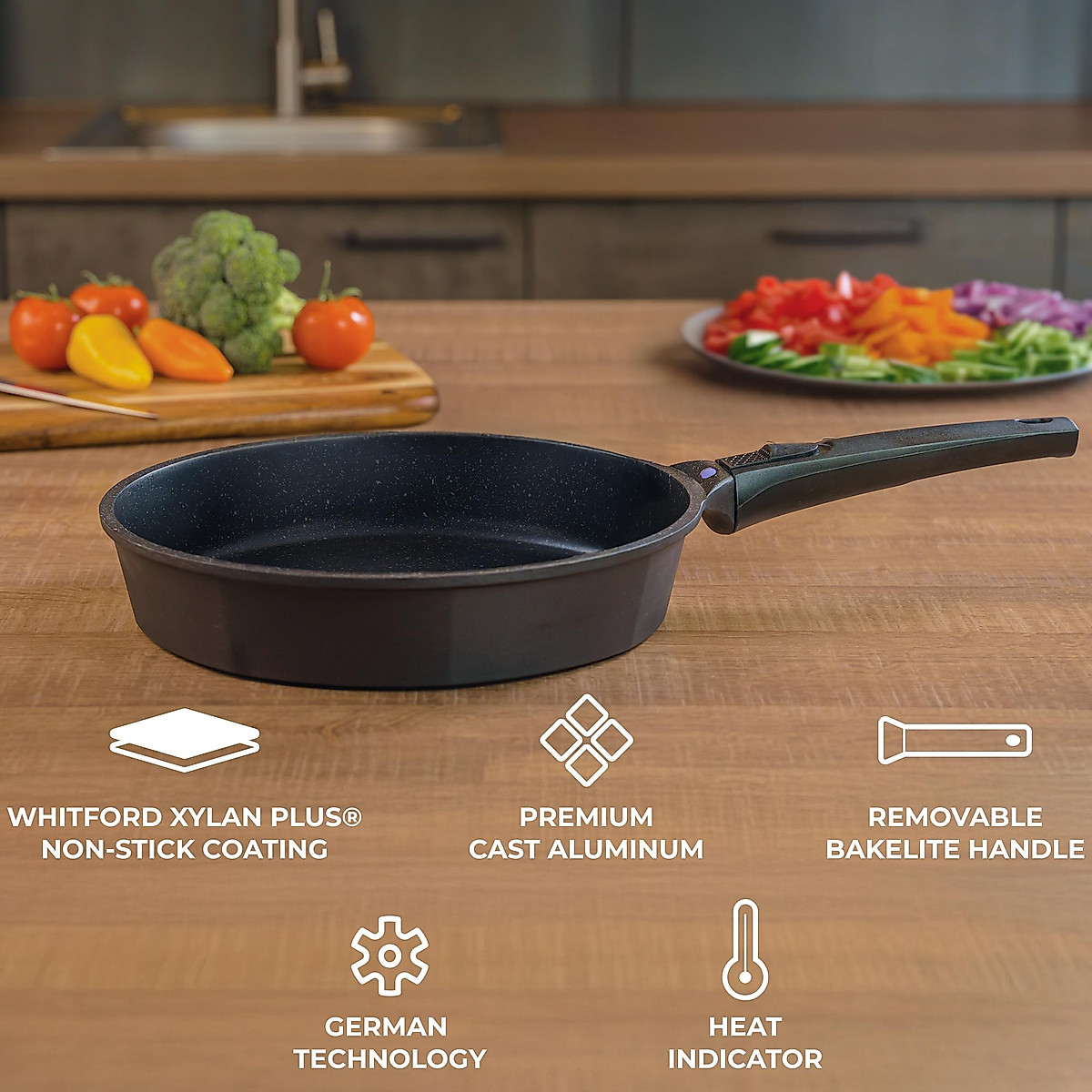 GIPFEL INTERNATIONAL 8, 10 and 12 Inch Nonstick Frying Pan Set of 3 - Cast Aluminum Pan with Detachable Handle - Non Stick Skillet Healthy Cooking Pans Induction Compatible Cookware, PFOA Free