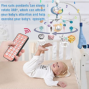 Remote Control Crib Toy,with Remote Starry Sky Projector and Crib Hanging Toy, Can Be Rotated 360°,Timed,Musical,Baby Cradle Mobile Toy, Suitable for Newborn Baby Gifts (Blue + Charging Models)
