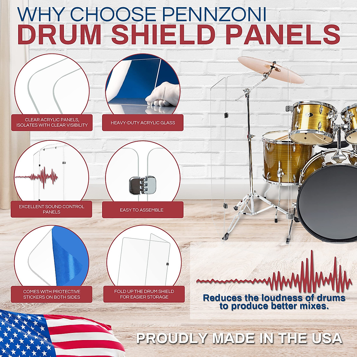 PENNZONI Drum Shield 4ft w/Chrome Hinges, Comes w/ 4 Drum Panels, & 6 Chrome Hinges, Premium Clear Acrylic Panels, Drum Screen
