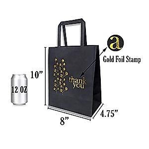 Thank You Bags Bulk with Flat Handles Pack of 50, Black Kraft Paper Bags with Gold Foil Stamp Image Medium Size 10x 4.75 x 8 Inches