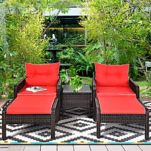 Tangkula Wicker Furniture Set 5 Pieces PE Wicker Rattan Outdoor All Weather Cushioned Sofas and Ottoman Set Lawn Pool Balcony Conversation Set Chat Set