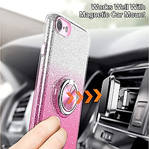 PeeTep iPhone SE 2020 Case,iPhone SE 3 Case Glitter for Girls,iPhone 8 Case,iPhone 7 Case,Slim Sparkly Case with 360°Ring Holder Kickstand Magnetic Car Mount Shock-Absorbent Durable Cover, Pink