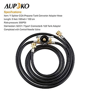 Aupoko Y Splitter CGA Propane Tank Converter Adapter Hose, 5 Feet 2 Way 350PSI High Pressure Extension Hose Assembly with QCC1 / Type1 for 20lbs Gas Tank, Fits for Camping Grill Stove