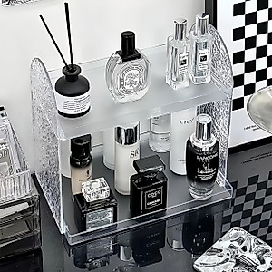 Elivida Perfume Organizer 2 Tier Makeup Organizer Acrylic Bathroom Counter Organizer Vanity Skincare Storage Shelf Modern Cosmetics Holder Shelf, Clear White