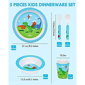 Lehoo Castle Kids Plates and Bowls Sets, 5 Piece Baby Feeding Set - Includes Plate, Bowl, Cup, Fork and Spoon Utensil Flatware, Kids Dinnerware Set for Kids, Toddlers (Dinosaur)
