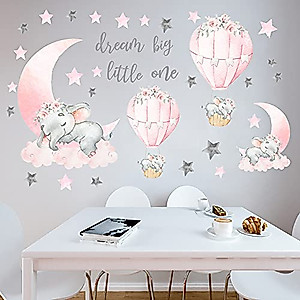 Dream Big Little One Elephant Wall Stickers, Pink Moon Hot Air Balloon Grey Stars Wall Decals for Nursery Kids Room Living Room Bedroom Decorations Home Decor