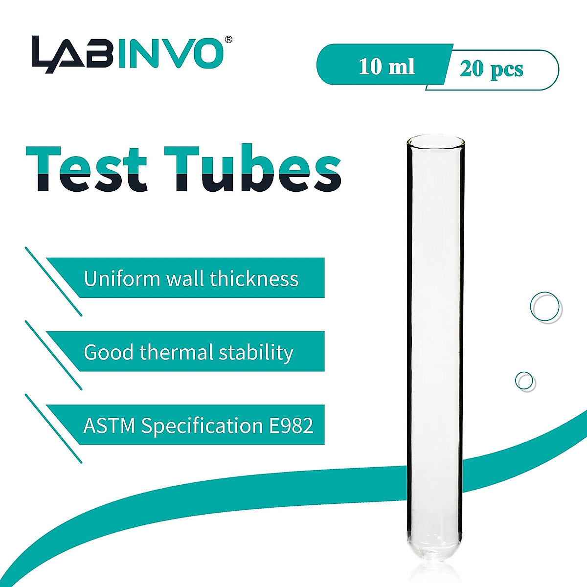 LABINVO 10ml Glass Round Bottom Test Tubes, Thickness 1.0, 16x100mm, Pack of 20, IN-TTG10