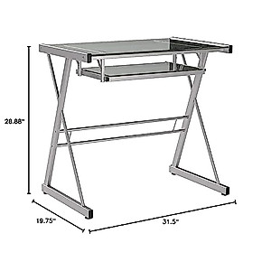 Walker Edison Metal and Glass Work From Home Laptop Computer Gaming Desk with Slide In Keyboard Tray Home Office, 31 Inch, Silver