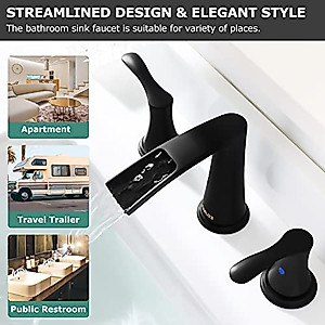 PARLOS Waterfall Widespread Bathroom Faucet Two Handles with Metal Pop Up Drain & cUPC Faucet Supply Lines, Matte Black, Demeter 1431804
