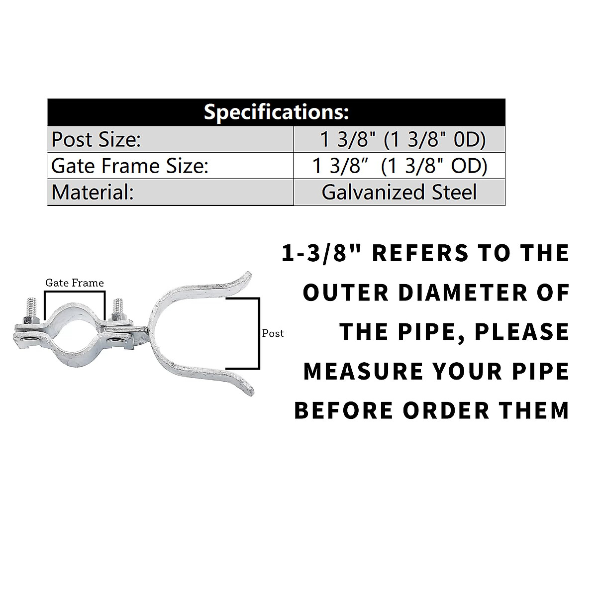 Chain Link Gate Latch，1-3/8" x 1-3/8" Chain Link Fence Gate Fork Latch for Chain Link Fence Gate Frames with Padlock Hole Wall Mount to Gate Post or Wall