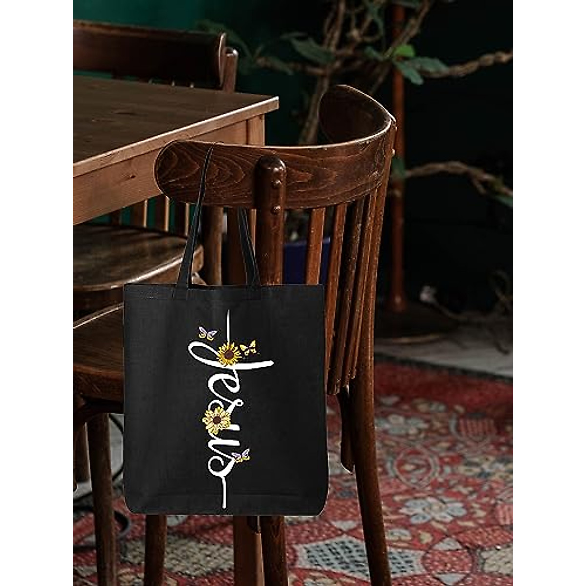 shop4ever Jesus Script Cross with Flowers and Butterflies Eco Cotton Tote Reusable Shopping Bag Black ECO 1