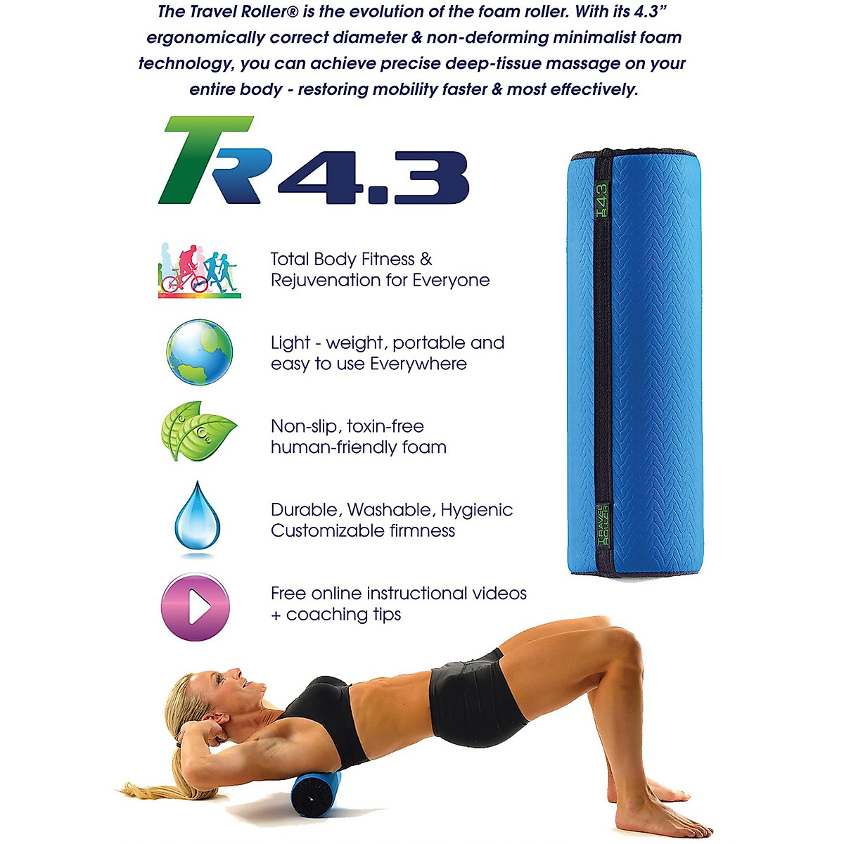 Travel Roller® Deluxe Foam Roller *Black* with Free Online Instructional Videos & Poster, Original (12.5" x 4.3")