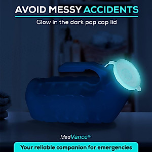 MedVance- Urinals for Men 1000ml with Glow in The Dark Spill Proof Pop Cap Lid, Plastic Pee Bottles for Men, Male Urinals, Pee Container Men, Portable Urinal for Car, Elderly & Incontinence (2 Pack)