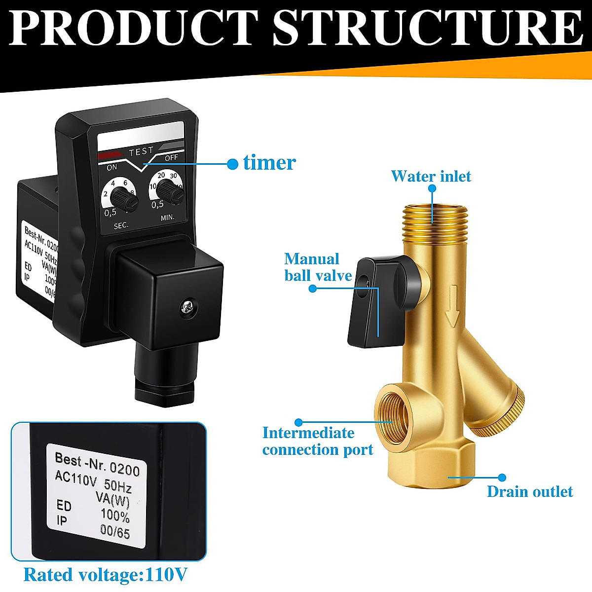 Electronic Drain Valve and Tank Drain Valve Assembly Kit with Braided Steel Hose 1/4 Inch NPT Drain Valve Elbow Fitting and AC 110V 1/2" Automatic Timed Water Tank (Separating,6 Pcs)