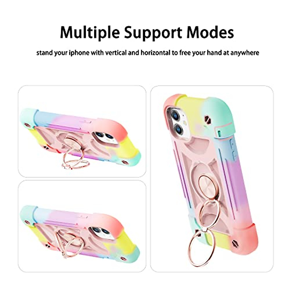 Cookiver for iPhone 11 Case 6.1 Inch with Ring Stand, with 2 Pack Glass Screen Protector ，Heavy-Duty Shockproof Rugged Military Grade Cover with Magnetic Car Mount for iPhone 11 (Rainbow Pink)