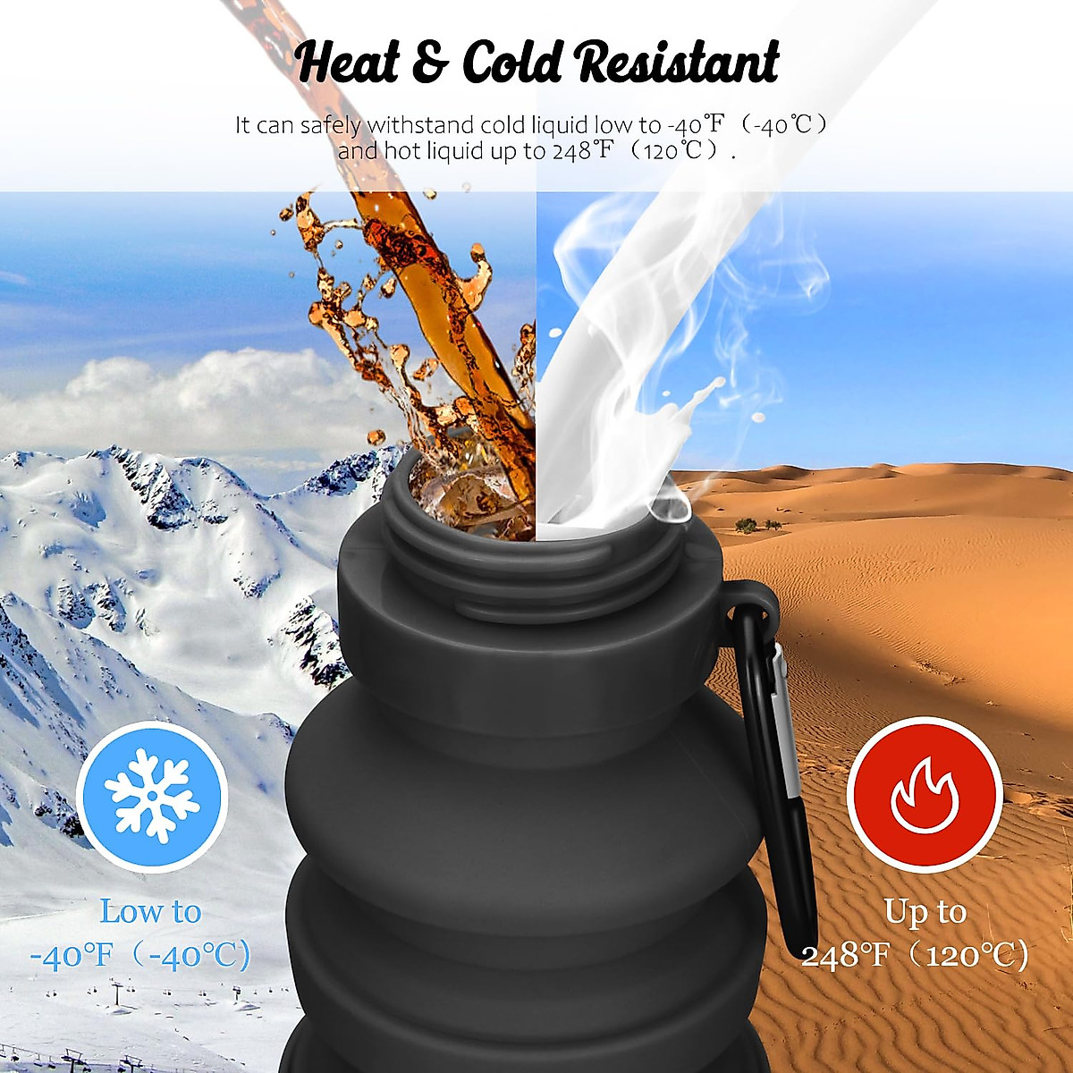 Nefeeko Collapsible Water Bottle, Reuseable BPA Free Silicone Foldable Bottles for Travel Gym Camping Hiking, Portable Leak Proof Sports Water Bottle with Carabiner