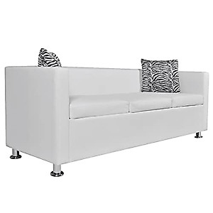 Sofa 3-Seater Artificial Leather White Living Room Home Office Furniture MDF Plywood Modern Chesterfield Upholstered Cushion Pillow, White