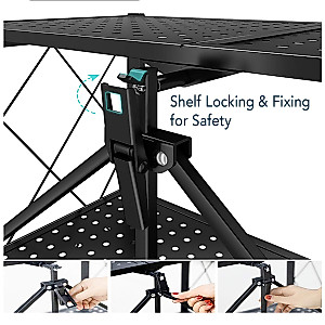 CozyBlock Foldable Storage Shelves with Wheels, Black Metal Wire Rack, Easy Moving Shelf, Storage Organizer for Kitchen, Bathroom, Garage, Outdoor (3 Tier)