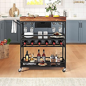 YITAHOME Industrial Bar Carts for The Home, Mobile Wine Serving Bar Cart on Wheels with Removable Wood Top Tray, 3 Tier Kitchen Cart Outdoor Mini Bar Home Bar with Drawer Wine Rack Glass Holder