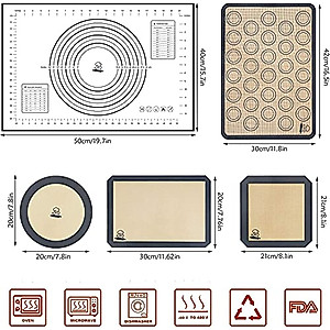 Silicone Baking Mat Set Rolling Pin Non Stick Dough Baking Sheet Pastry Mat Set for Cookie Macaroon Pizza Heat Resistant Non Slip Silicone Food Grade Sheets Mats Reusable Food Safe Liners