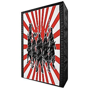 Ambesonne Japanese Portable Fabric Wardrobe, Group of Samurai Ninja Posing and Getting Ready on Unusual Striped Retro Backdrop, Clothing Organizer and Storage Closet with Shelves, 42.5", Red Black