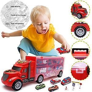 Toddler Toys for 3-4 Year Old Boys,Large Transport Cars Carrier Set Truck Toys with 12 Die-cast Vehicles Truck Toys Cars,Ideal Christmas Easter Valentines Day Gifts Toys for Kids Age 3-7 (Red)