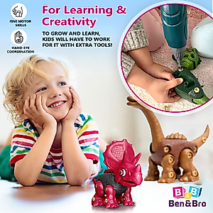 Ben and Bro Dinosaur Toys for Kids 3-5 6 7 8 Years Old, Take Apart Dinosaur Toys for Boys and Girls, STEM Construction Dinosaur Building Kit for Kids with Electric Drill Tool, Great Gift Pack of 3