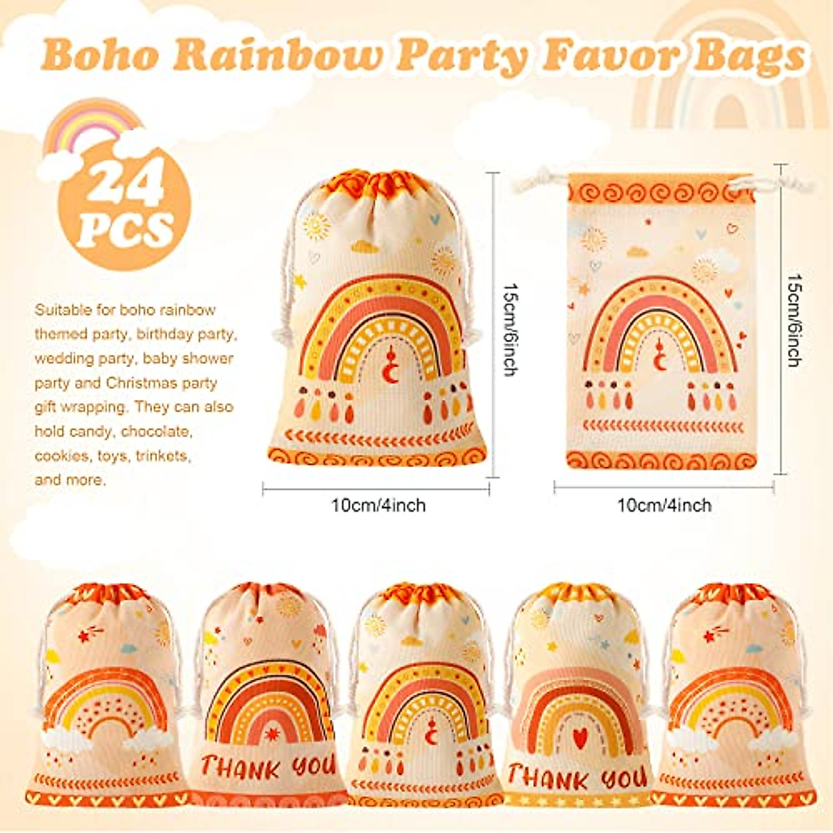 Coume 24 Pcs Boho Rainbow Party Favor Bags 4 x 6 Inches Canvas Drawstring Treat Gift Pouches Mini Candy Goodie Bags Rainbow Party Decorations for Rainbow Themed Birthday Baby Shower Party Supplies