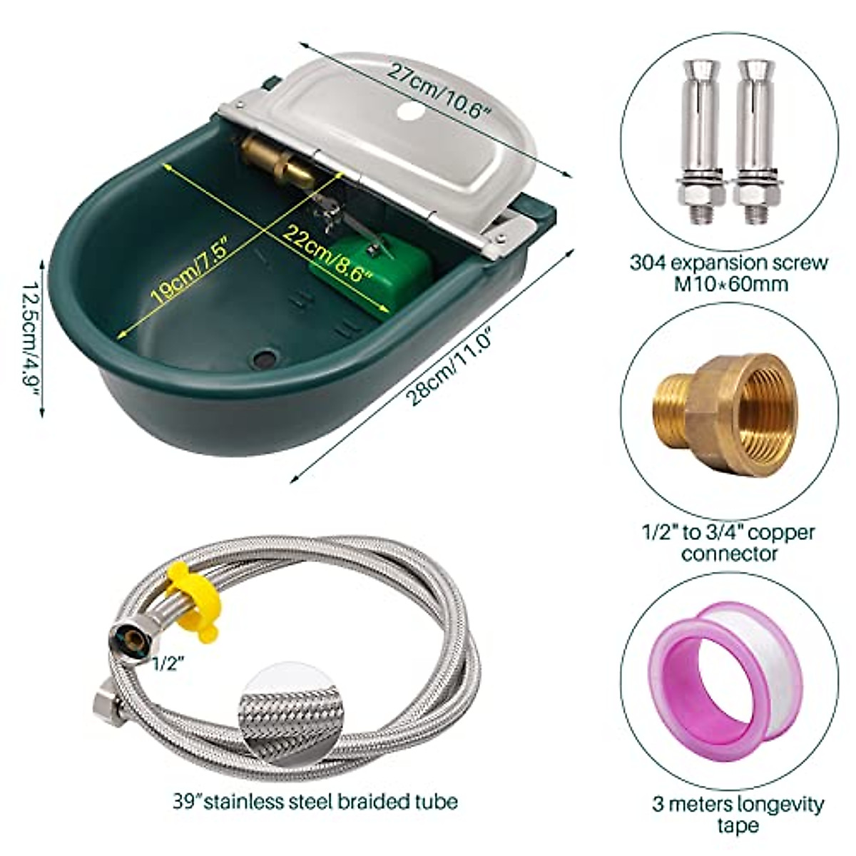 MINYULUA Automatic Livestock Waterer Bowl with Brass Float Valve and 39 inch Braided Hose Large Dog Water Dispenser Cow Drinking Trough for Dogs Horse Cattle Goat Donkey Pig