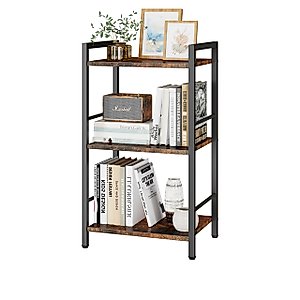 Jsluiiys 3 Tier Bookshelf, Small Bookcase with 3 Open Shelves, Short Metal and Wood Book Shelf Bedside Shelf for Home Organizer, Freestanding Shelf for Living Room Bedroom Dorm, Rustic Brown