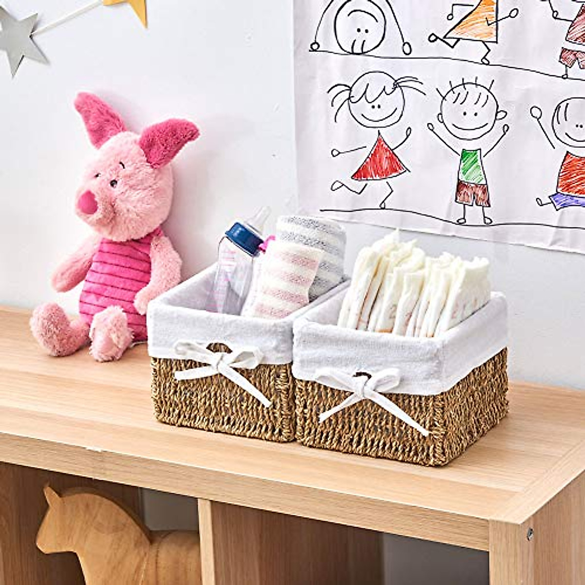 EZOWare Set of 7 Natural Woven Seagrass Wicker Storage Nest Baskets Shelf Organizer Container Bins with Liner - Brown