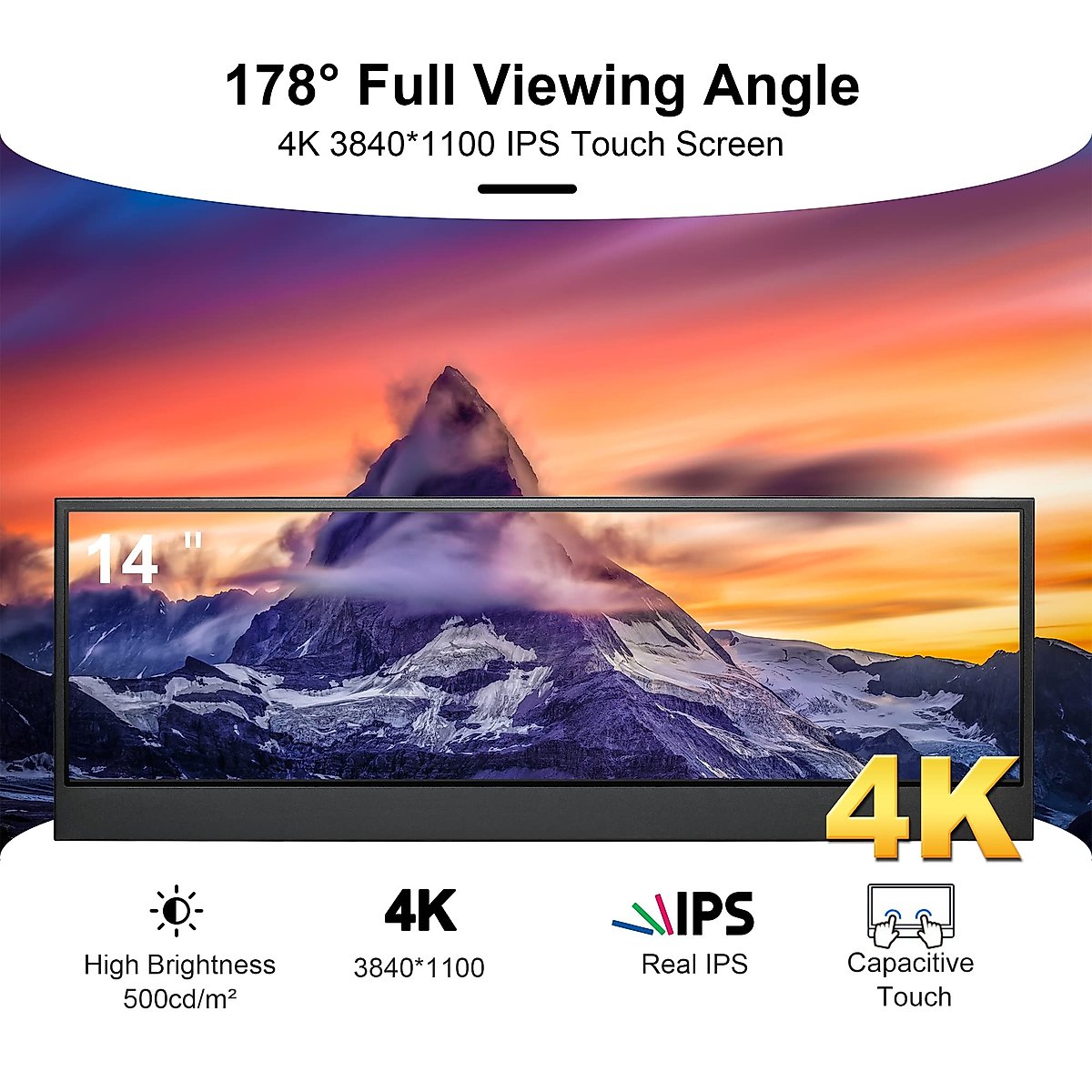 wisecoco 14'' 4K UHD IPS 3840x1100 Stretched Bar Touch Screen Display Monitor for Laptop Computer PC Speed Temperature Windows Aida64 CPU GPU HDMI Secondary Monitor for Music Media Timeline Editing