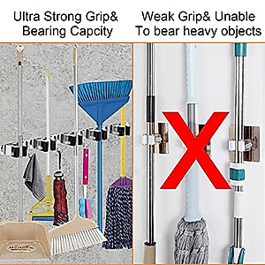 Mop Broom Holder Wall Mounted,Heavy Duty Mop and Broom Wall Mount Stainless Steel with 5 Racks 4 Hooks for Laundry Room, Home, Garage, and 1 hook Separated included （Black）
