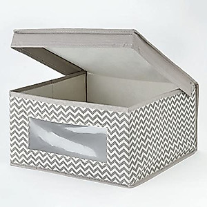 mDesign Medium Fabric Stackable Closet Storage Organizer Box, Front Window/Lid - Bedroom, Office, Mudroom Organization, Hold Clothes, Blankets, Linens, Spira Collection, 4 Pack, Taupe/Natural Chevron