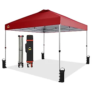 CROWN SHADES Canopy Tent 10x10 Pop Up Canopy Outdoor Shade, Easy Up Sun Shelter with One Person Set Up Center Lock, Portable Instant Tailgate Camping Beach Canopy Tents for Parties, Red