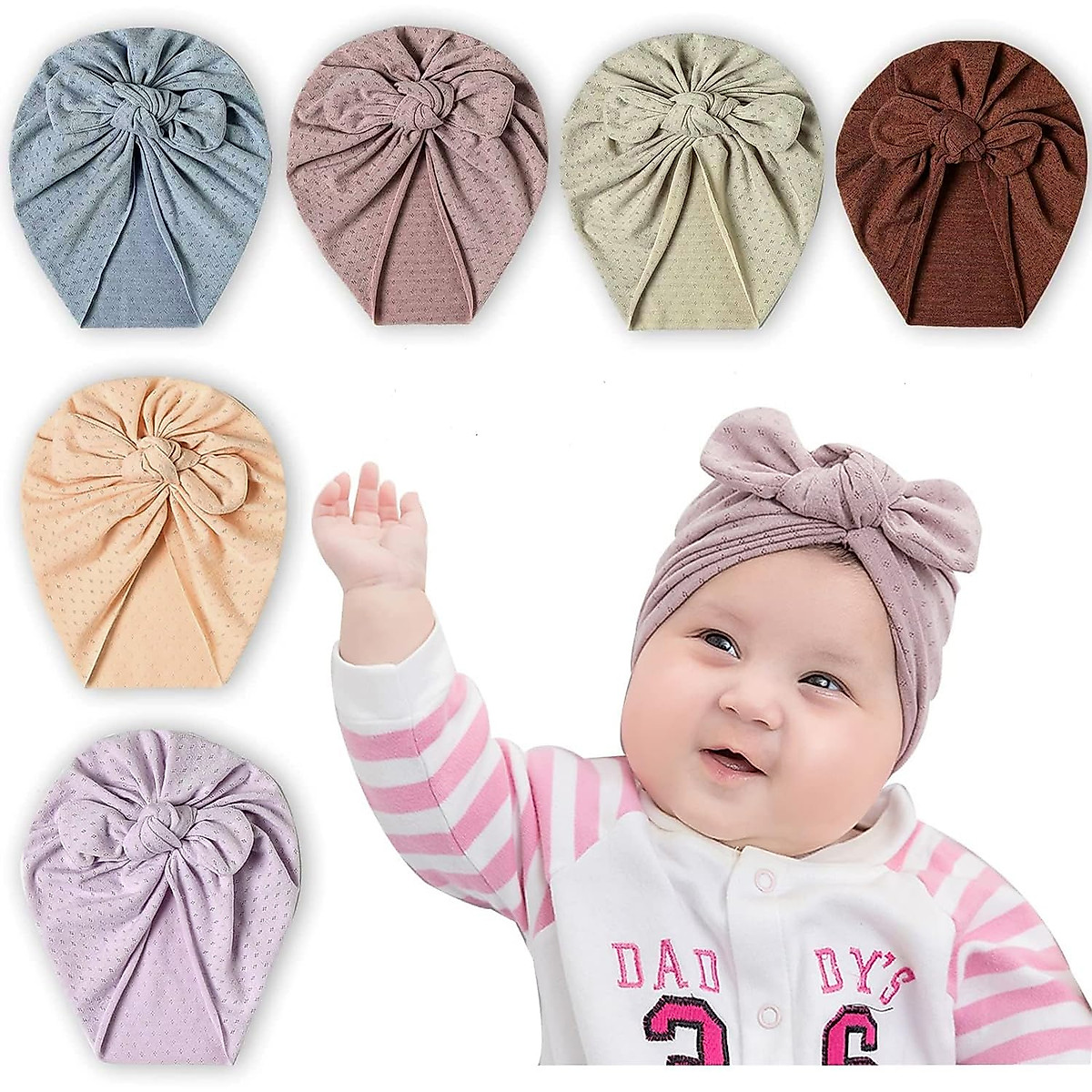 Wovenew Baby Turban Hats 6 Pcs Newborn Hats Breathable Bows Baby Bandana Hats Girls Cute Hat Headwear Accessories
