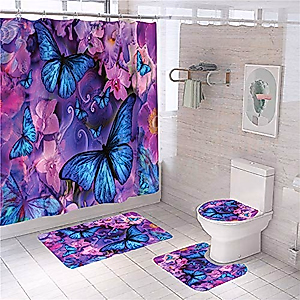 Blue Butterfly Shower Curtain Set with Non-Slip Rugs Toilet Lid Cover and Bath Mat 4 Pcs Purple Flowers Shower Curtain Sets with Rugs Bathroom Curtain with 12 Hooks Butterfly Bathroom Sets