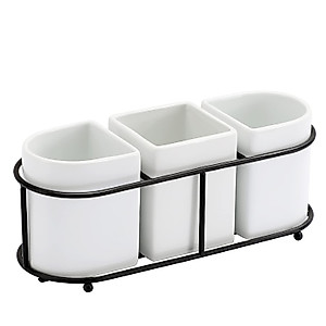Buyajuju 3 Piece Porcelain Flatware Holder Caddy with Metal Rack, Utensil Holder Caddy For Spoons, Knives and Forks Cutlery Organizer