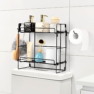 Vrisa Over Toilet Bathroom Organizer, 2-Tier Bathroom Storage Shelf Multifunctional Toilet Rack for Bathroom Decor No Drilling Over Toilet and Wall Mounted Design Space Saver, Black