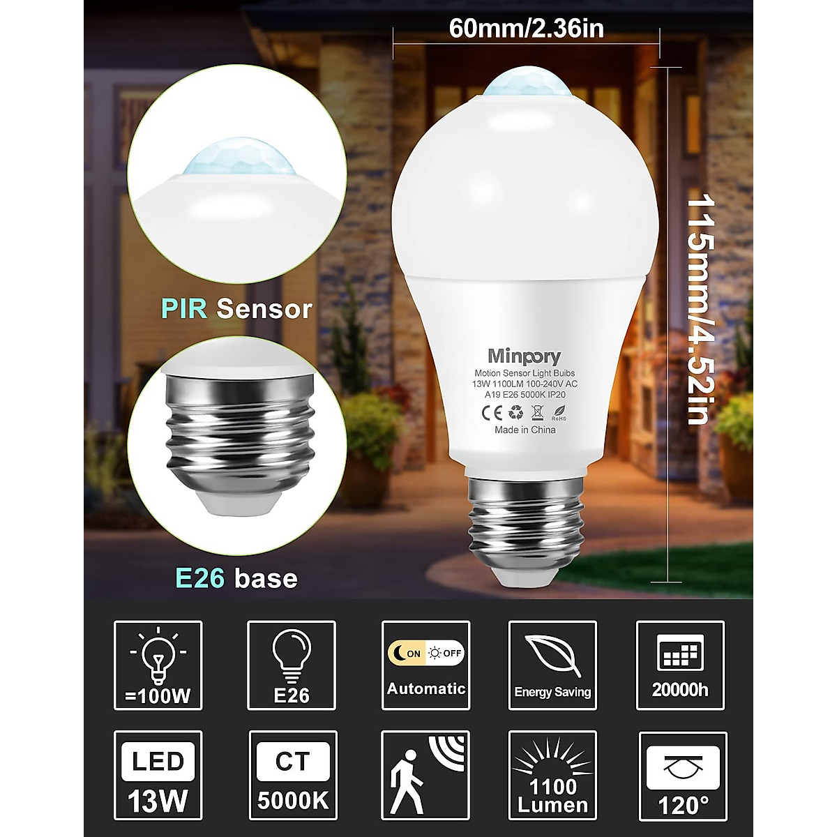 Motion Sensor Light Bulbs, 13W(100W Equivalent) Motion Detector Auto Activated Dusk to Dawn Security LED Bulb, A19 E26 5000K Daylight Outdoor/Indoor Lighting for Garage Porch Stairs Patio, 3 Pack