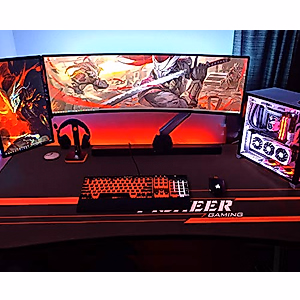 Flamaker Gaming Desk 44 Inch Gaming Table Computer Desk PC Gamer Table T Shape Game Station with Large Carbon Fiber Surface, Cup Holder & Headphone (Light Black)