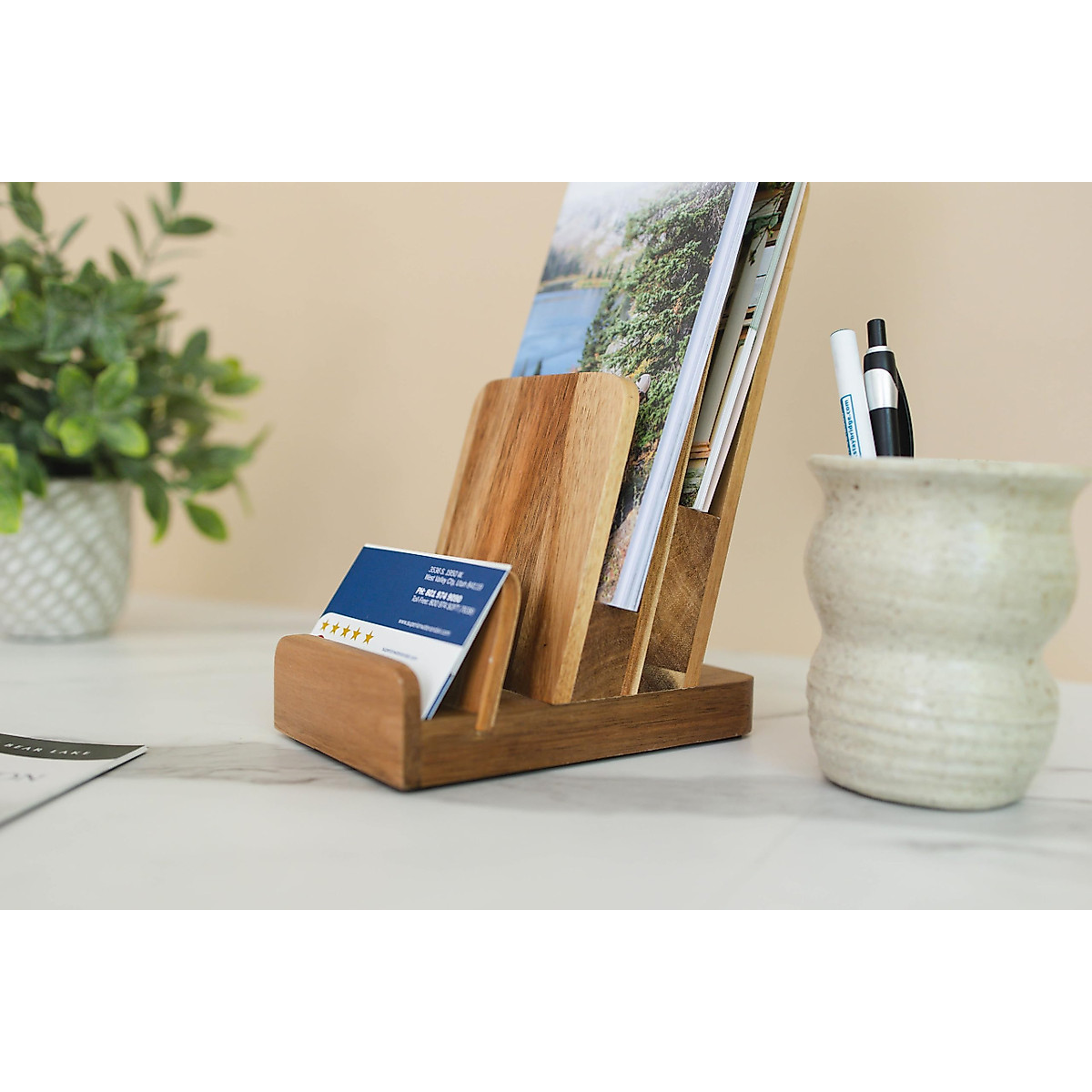 Brochure Holder - 4-Tier Acacia Wood Brochure Display Stand - Waterproof Flyer Stand w/Non-Slip Base - Handmade Flyer Holder for Flyer Display, Menu Holder, Pamphlet & Business Cards- [Pack of 1]