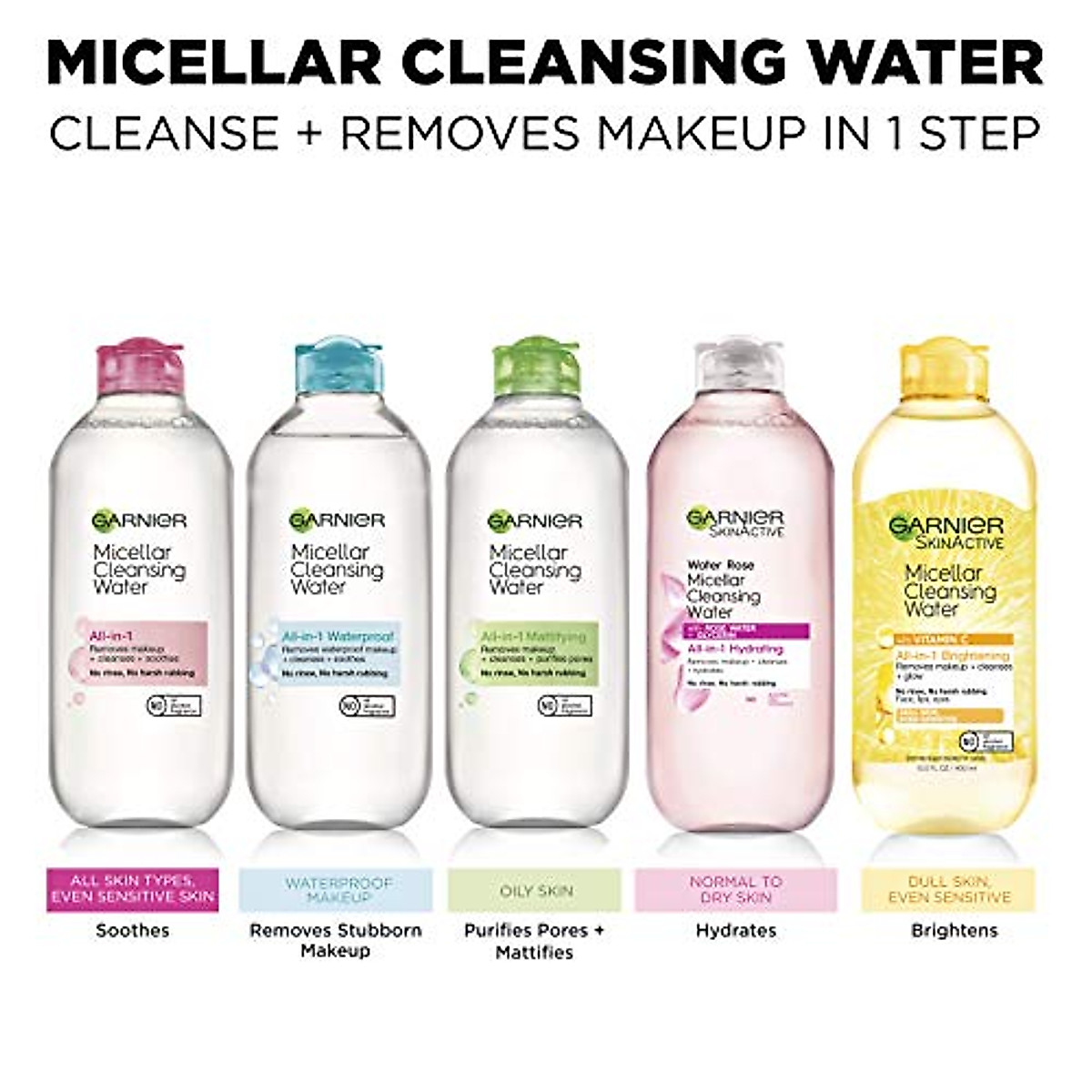 Garnier SkinActive Micellar Cleansing Water, For All Skin Types, 13.5 fl oz + Micellar Cleansing Water, For Waterproof Makeup, 3.4 fl oz