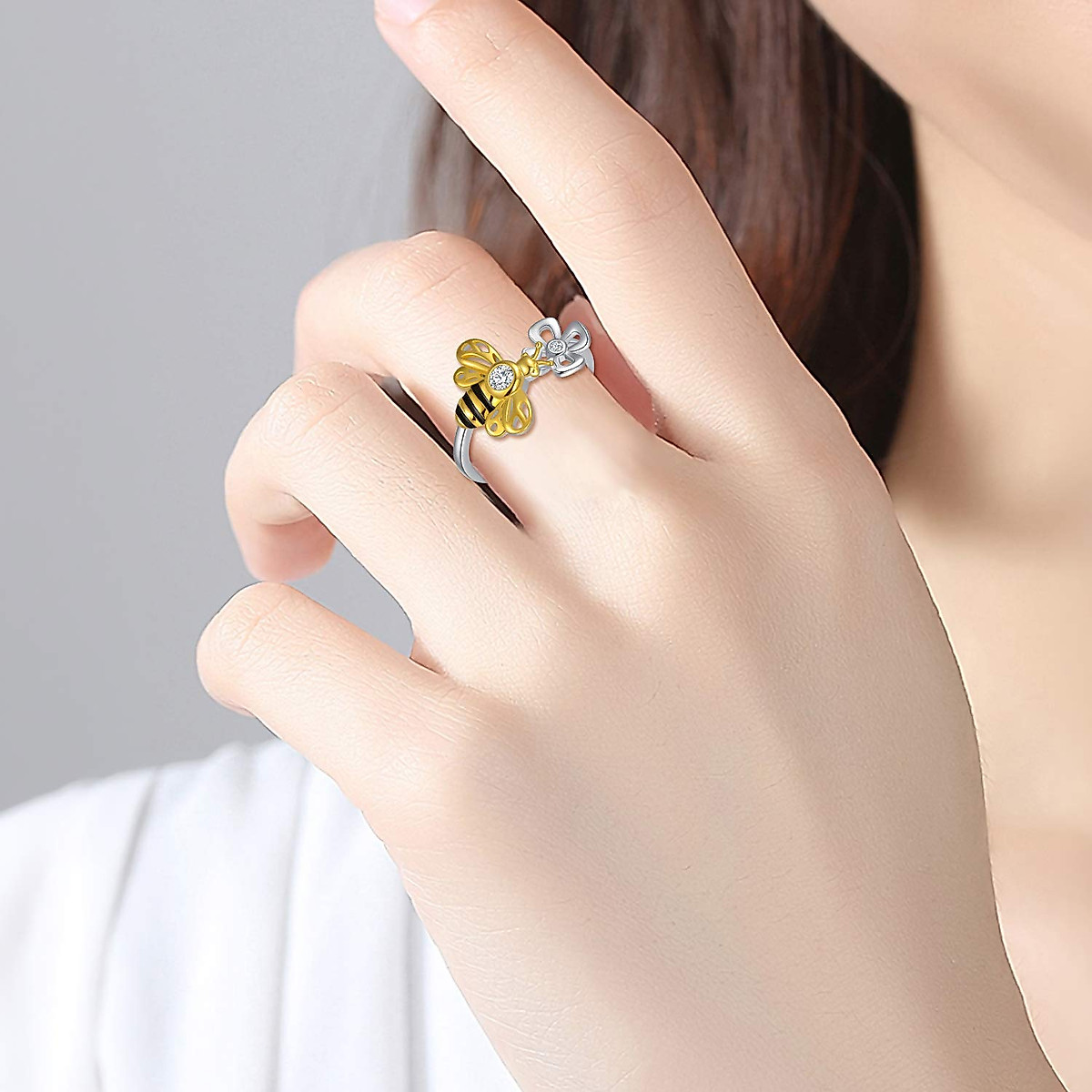 LONAGO Bee Ring with Flower 5A Cubic Zirconia Yellow Gold 925 Sterling Silver Bee Stacking Ring for Women (Size 7)