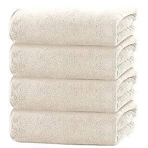 Cosy Family Microfiber 4 Pack Bath Towel Set, Lightweight and Quick Drying, Ultra Soft Highly Absorbent Towels for Bathroom, Gym, Hotel, Beach and Spa (Cream)