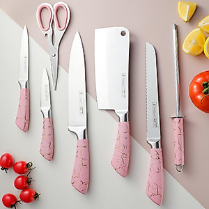 Kitchen Knife Set, 8-Pieces Pink Cooking Knife Set with Rotary Acrylic Stand &Sharpener Steel &Scissors, Ergonomic Stainless Steel Sharp Non Stick Professional Kitchen Knife Set, Gift for Women