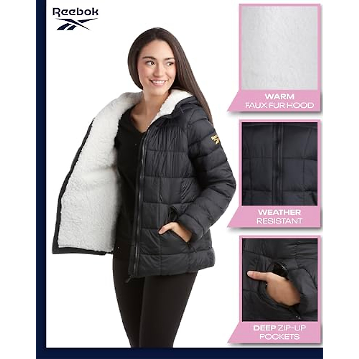 Reebok Women's Winter Jacket - Heavyweight Quilted Puffer Parka Coat - Sherpa Lined Ski Jacket for Women (S-XL), Size Medium, Black