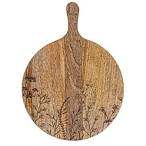 Creative Co-Op, Natural Mango Wood Cheese Board with Laser Etched Flowers, Large