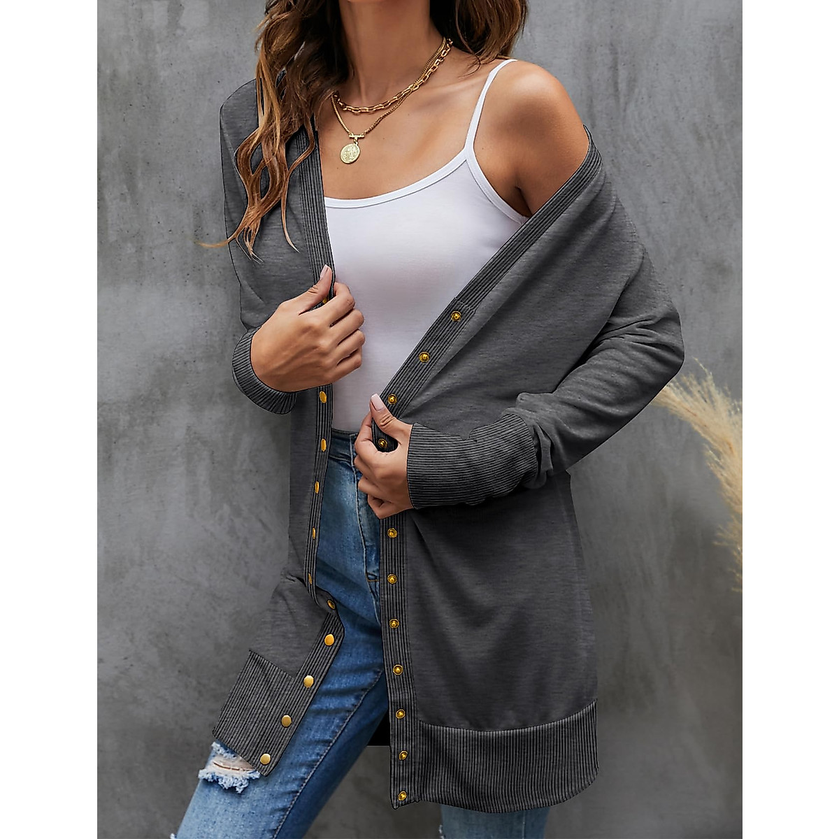 Halife Light Weight Cardigan Sweaters for Women Casual Cuff Long Sleeve Snap Button Cardigan for Work Office Charcoal Gray M